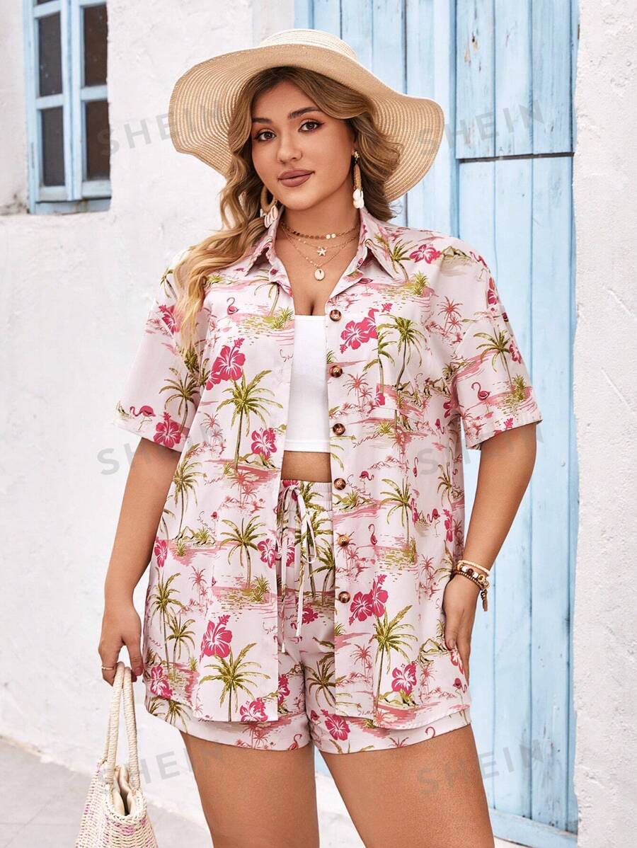 Shein Vcay Plus Size Coconut Tree And Flower Printed Short Sleeve Shirt