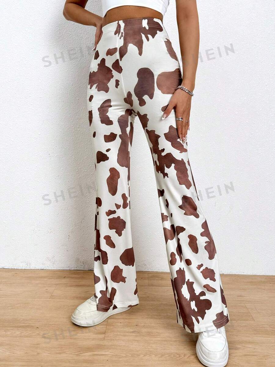 SHEIN Essnce Cow Print Elastic Waist Bell Bottom Pants, Long | SHEIN USA
