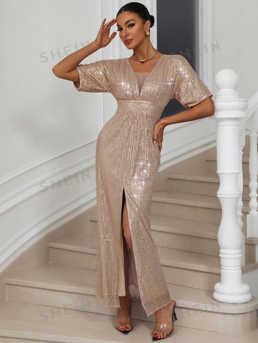 SHEIN Belle Women's Sparkling Slit Open Back Evening Gown With A ...