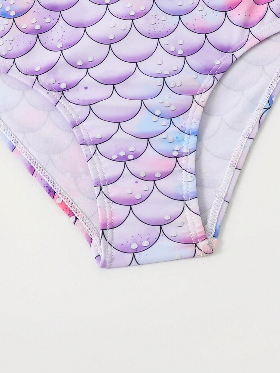 Young Girl's Purple Mermaid Scale Print Bikini Swimsuit And Fish Tail Shape Cover Up Skirt Set ...