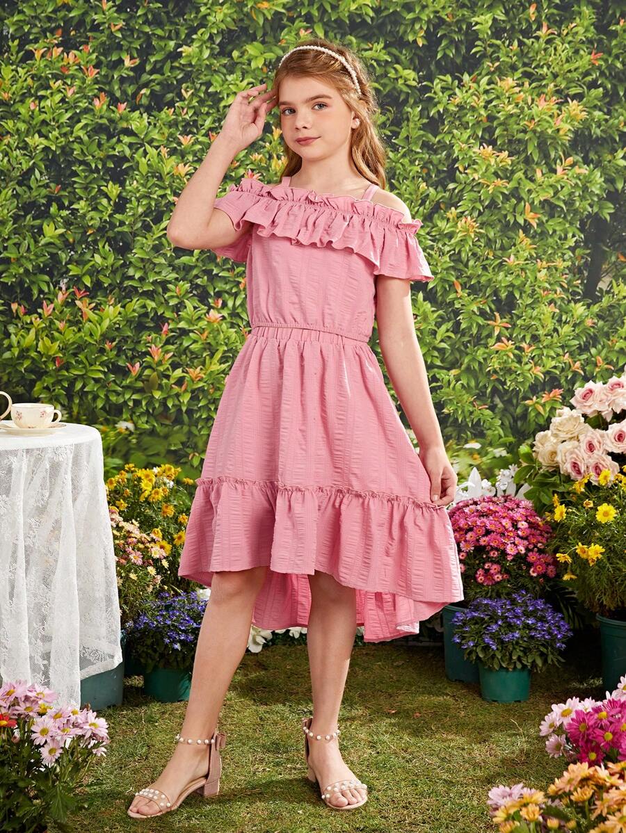 SHEIN Kids CHARMNG Two Piece Set For Tween Girls Including Off-Shoulder Ruffle Detail Top And ...