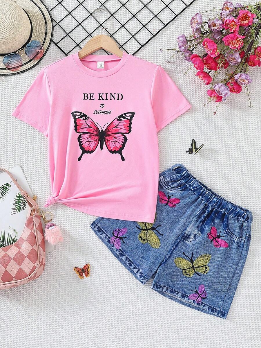 SHEIN Kids EVRYDAY Tween meisje Slogan Vlinder Geprint Korte mouwen T ...