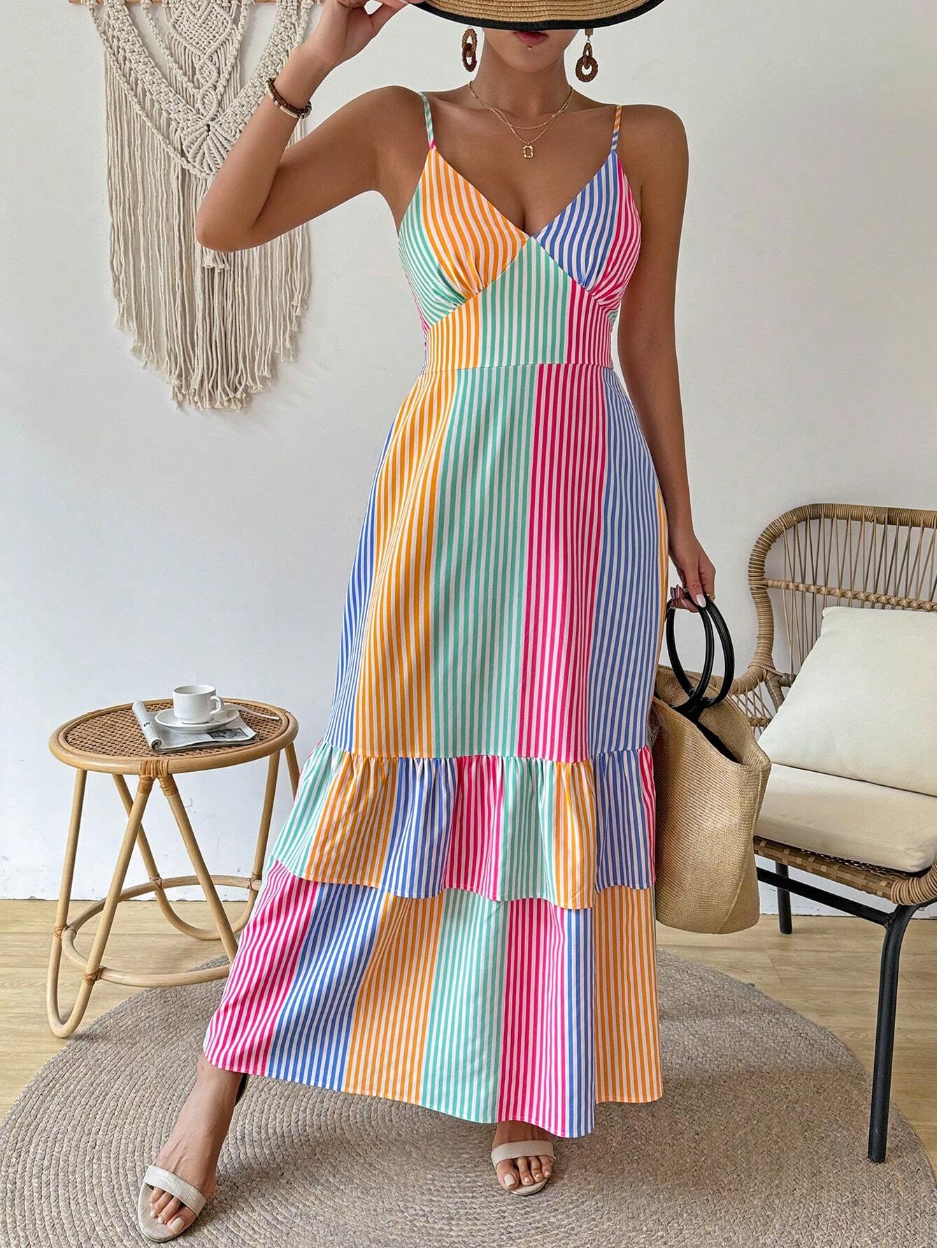 SHEIN VCAY Striped & Floral Printed Ruffle Trim Decorated Cami Sundress ...