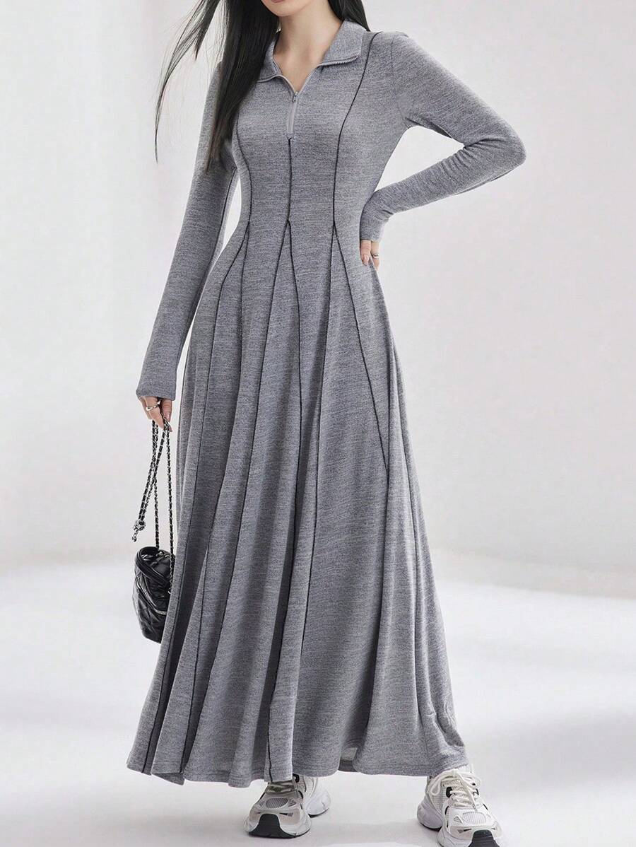 SHEIN Mulvari Women's Contrast Piping Zipper Half Placket Long Sleeve ...