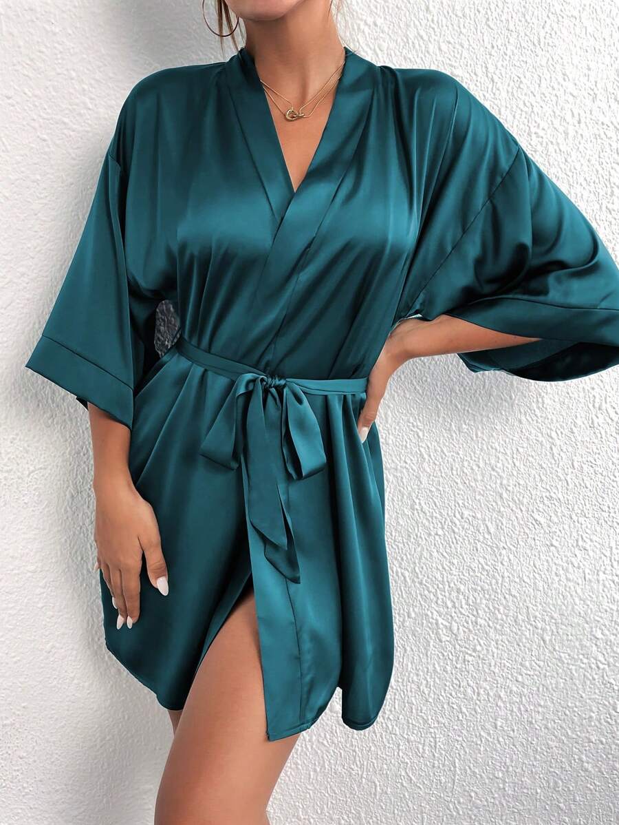 Drop Shoulder Belted Satin Sleep Robe Without Lingerie Set ...