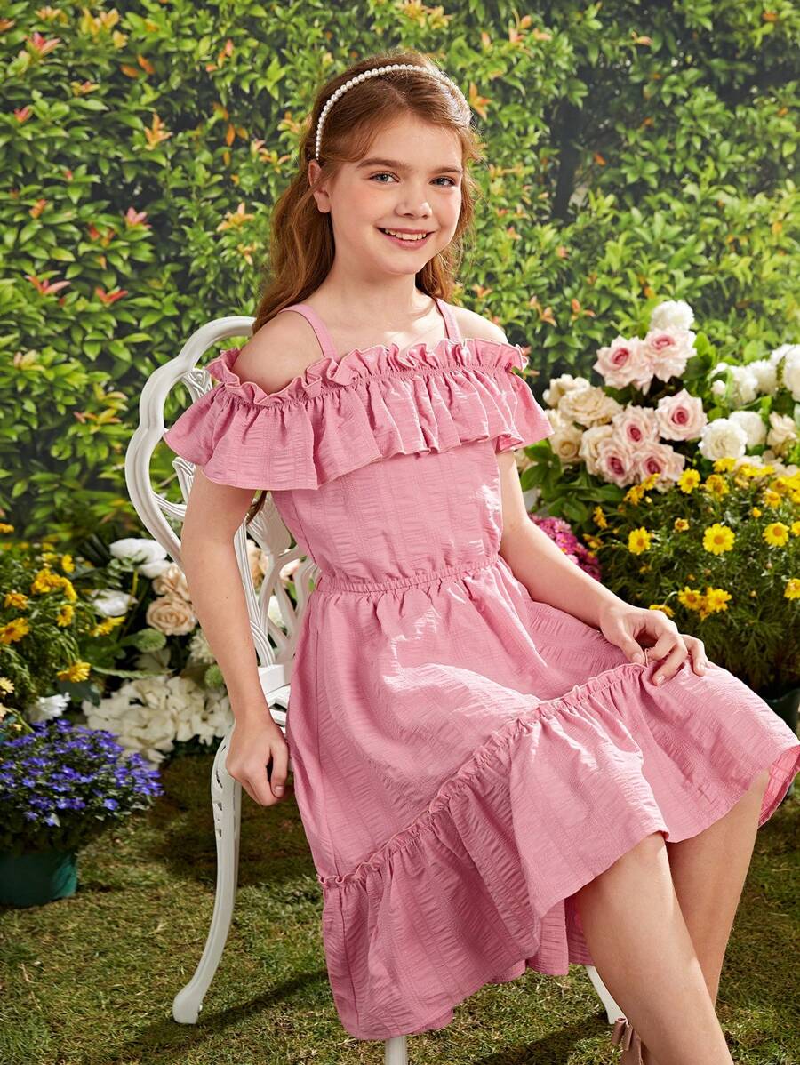 SHEIN Kids CHARMNG Two Piece Set For Tween Girls Including Off-Shoulder Ruffle Detail Top And ...