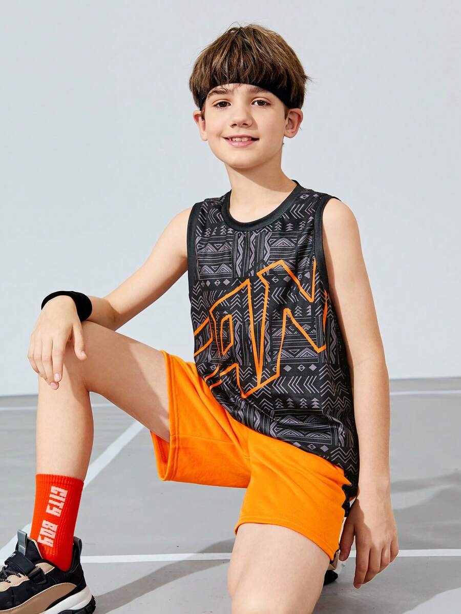SHEIN Tween Boys' Loose Fit Sports Round Neck Letter Print Tank Top And ...