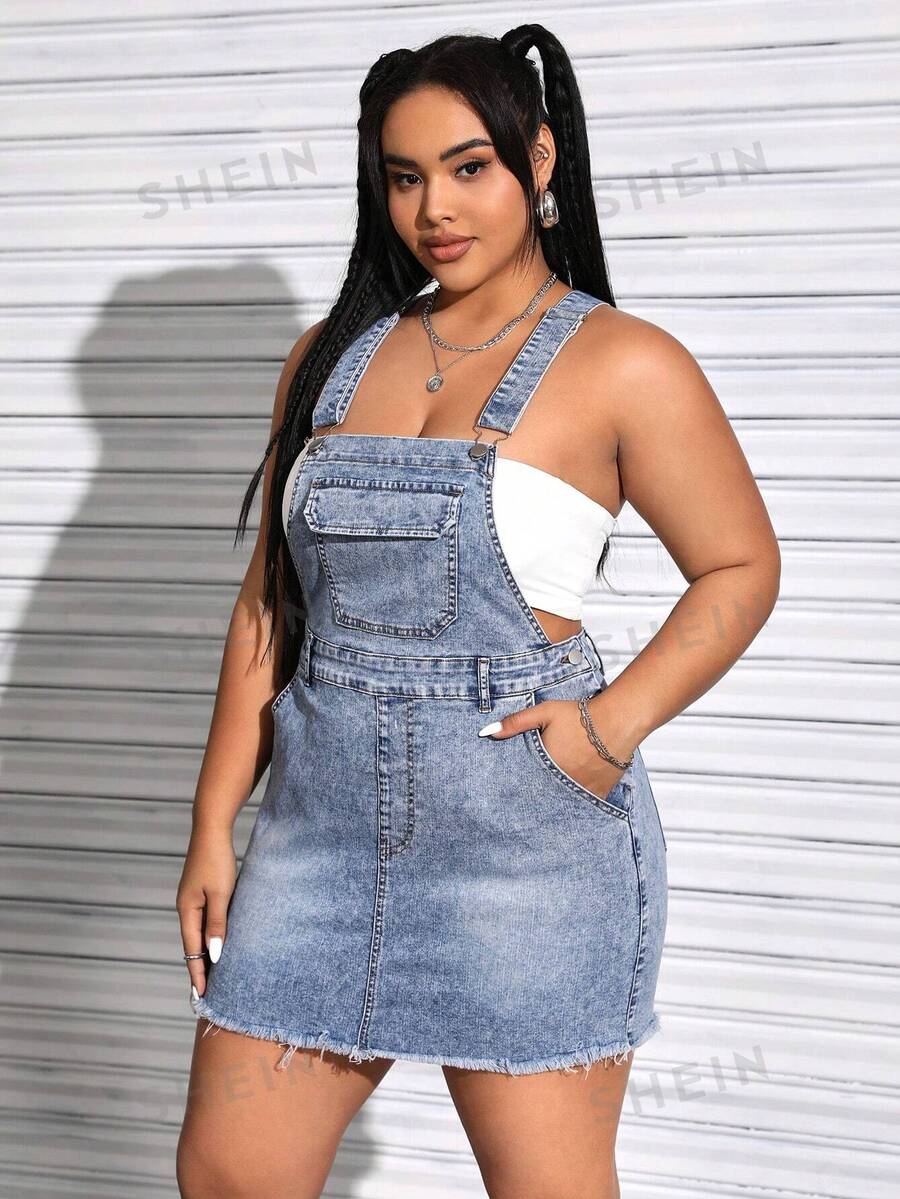 SHEIN EZwear Plus Size Washed Denim Pinafore Dress With Slanted Pockets ...