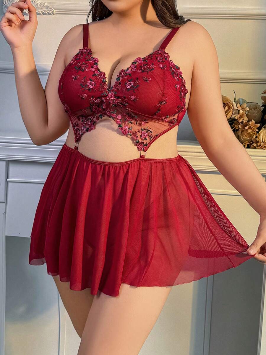 Classic Sexy Plus Size Womens Floral Embroidered Sheer Mesh Sexy