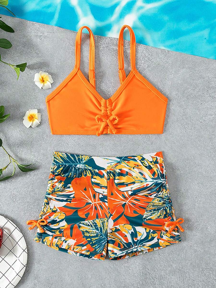 Tween Girls Tropical Leaf Print Bikini Swimsuit With Bow Knot Detail