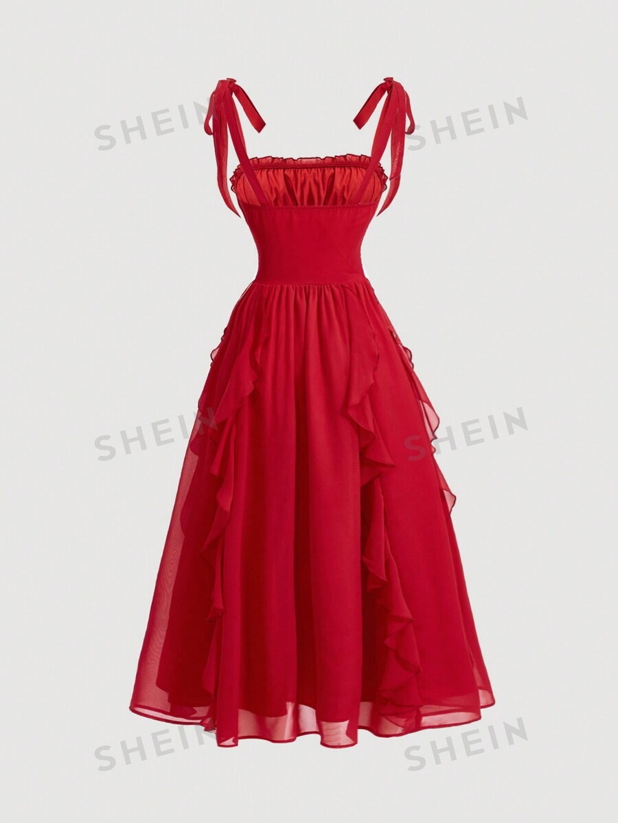 SHEIN MOD Tied Shoulder Ruffle Trimmed Red Cami Dress | SHEIN USA