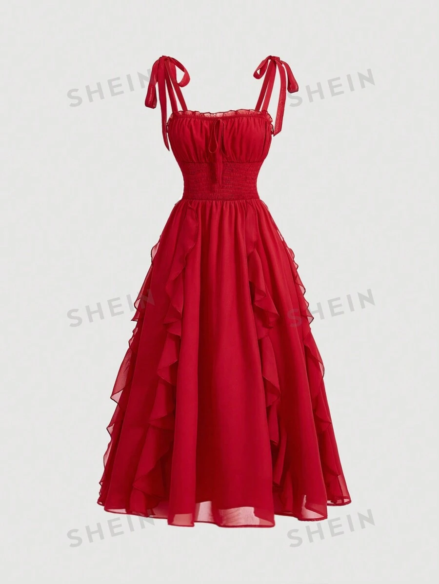 SHEIN MOD Tied Shoulder Ruffle Trimmed Red Cami Dress | SHEIN USA