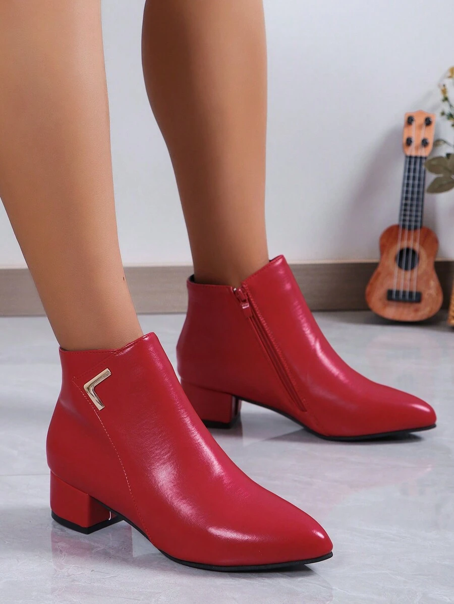 Women's Fashionable Red Leather Boots Fashionable Short Boots Autumn ...