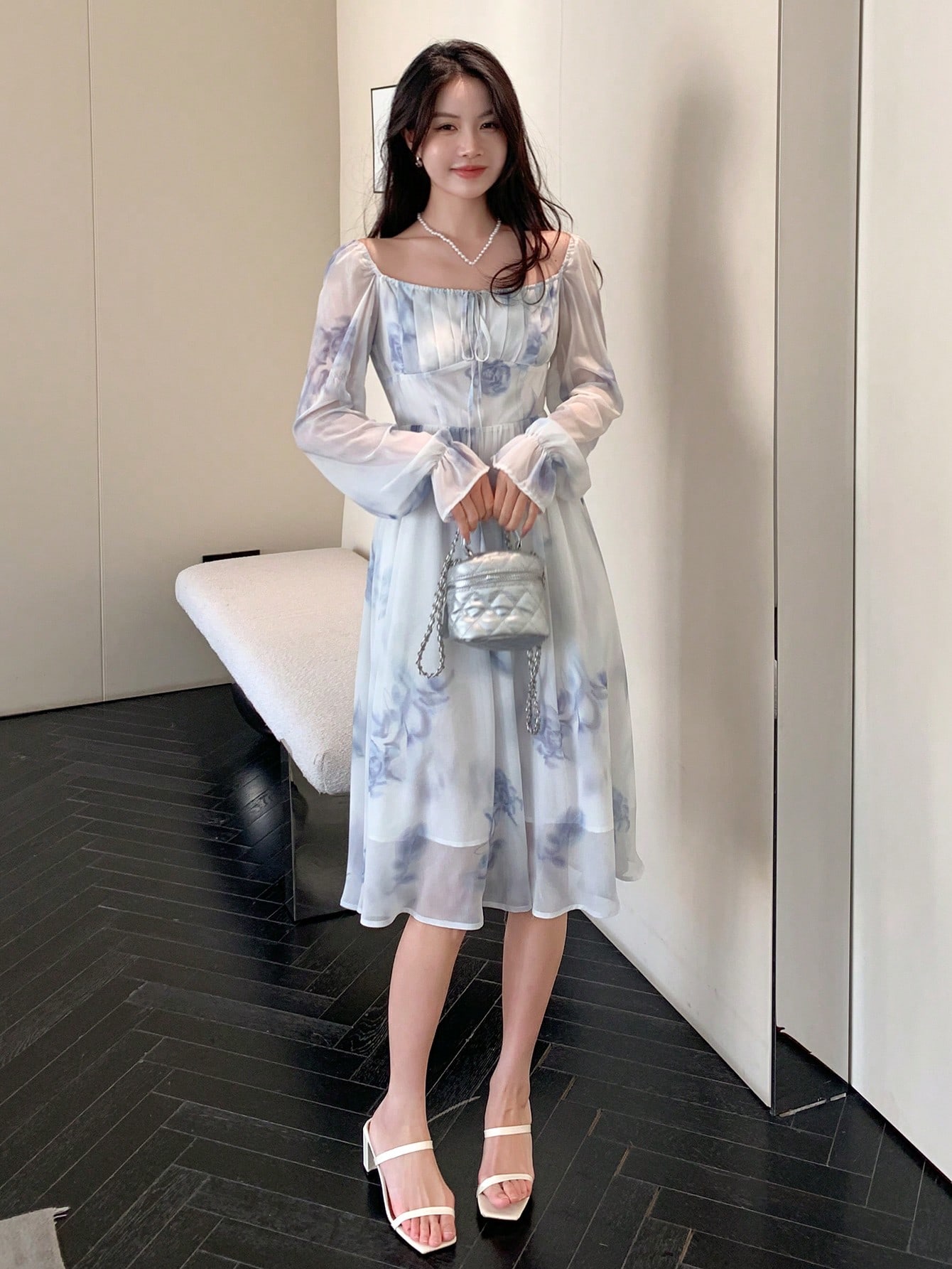DAZY Floral Print Square Neck Long Dress With Bell Sleeve, Waist Tie ...