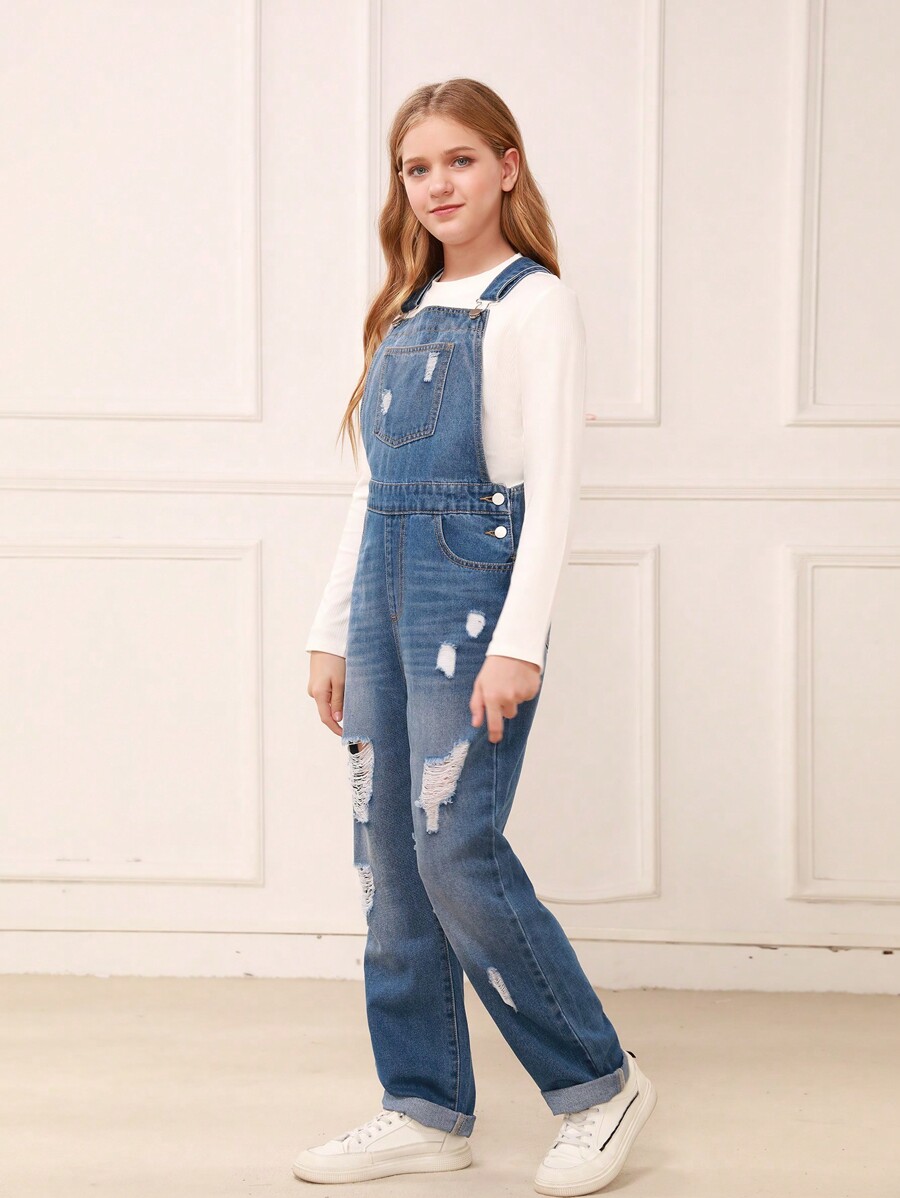 Teen Girl's Distressed Denim Overall Jumpsuit With Sandblasting ...