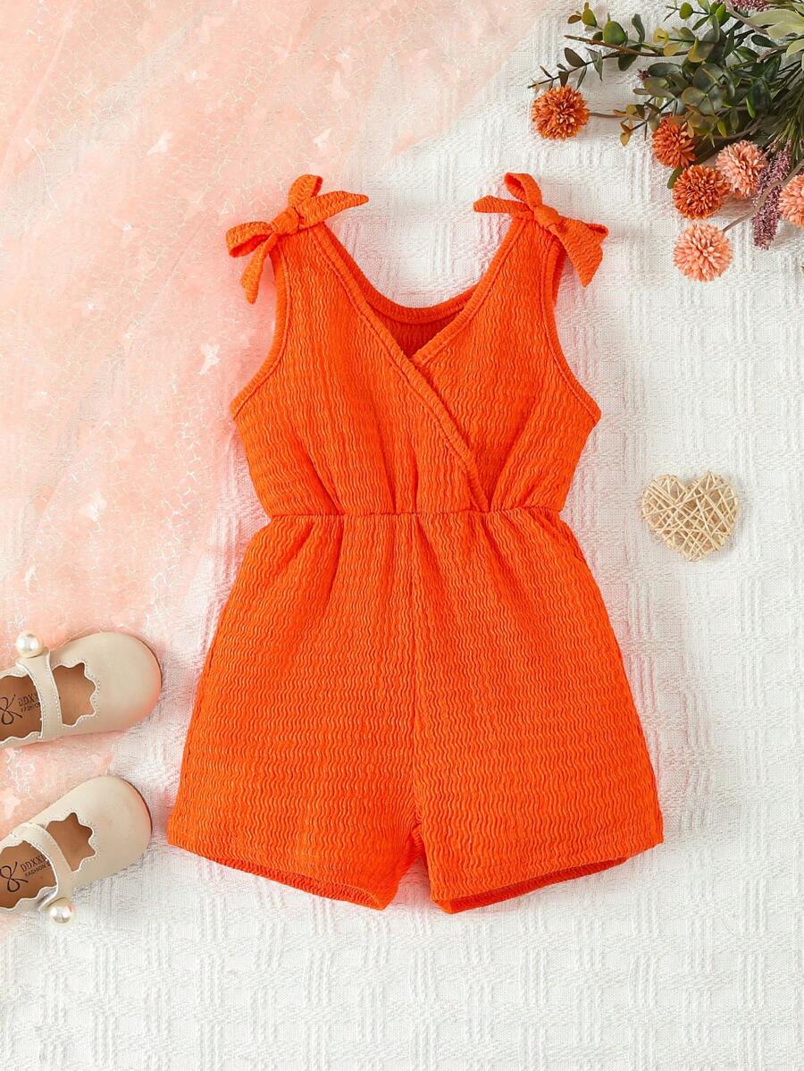 SHEIN Baby Girl Textured Shoulder Knot Romper | SHEIN USA