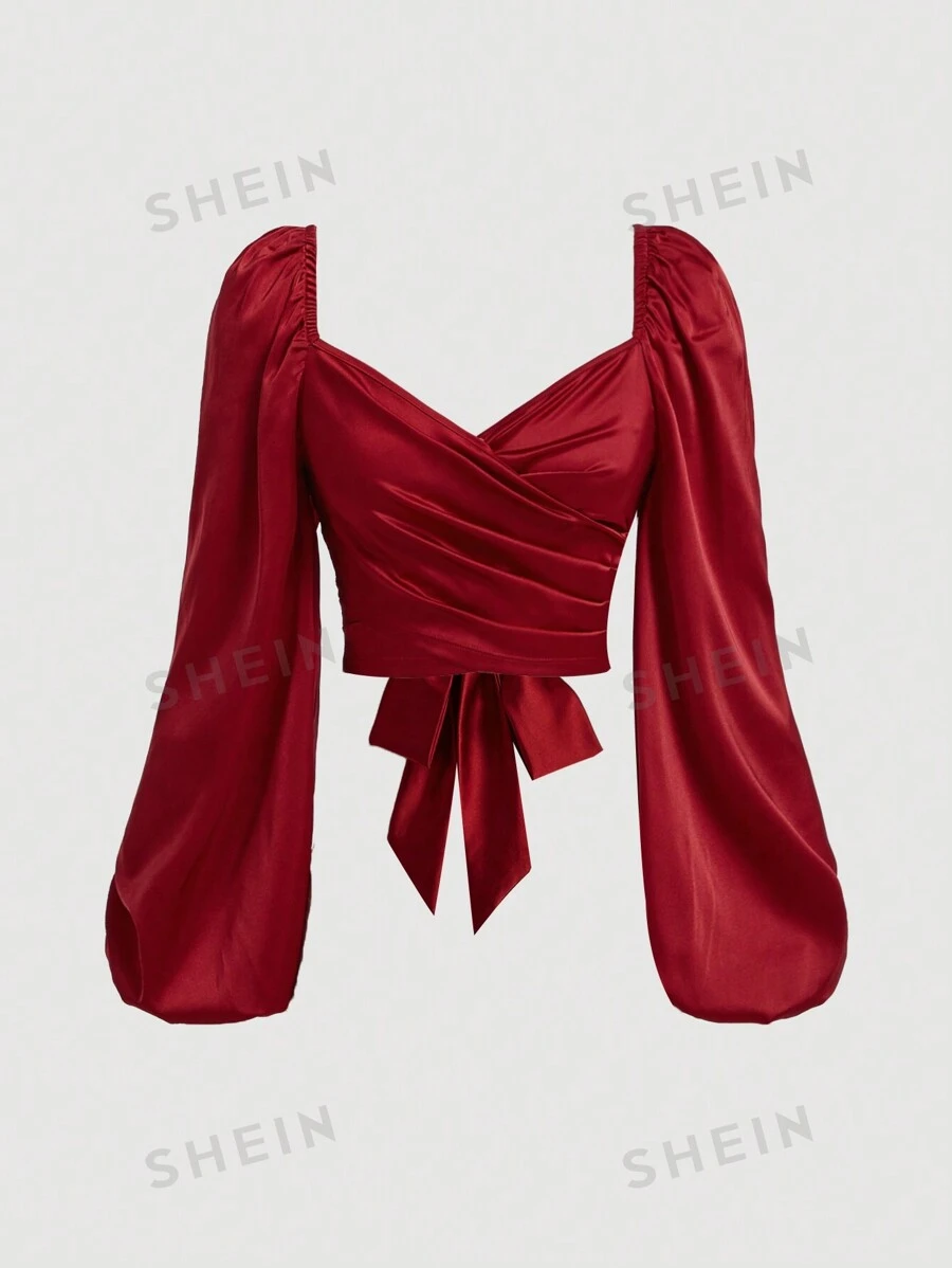 SHEIN MOD Camisa Solida Con Nudo Trasero Plisado Y Mangas Estilo Linterna | Moda de Mujer ...