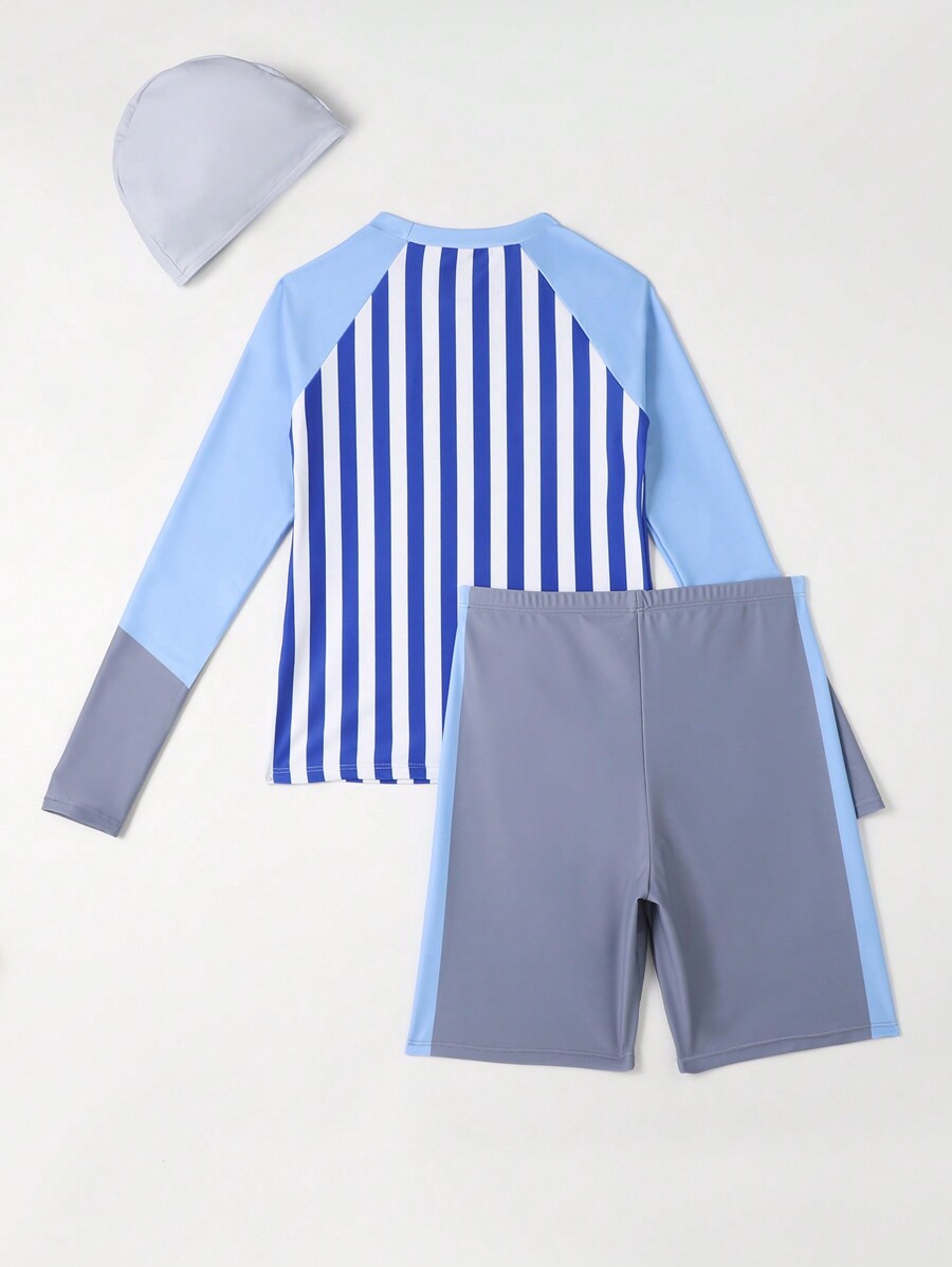 Teen Boy Striped Color-Blocked Rash Guard And Shorts Two-Piece Swimsuit ...