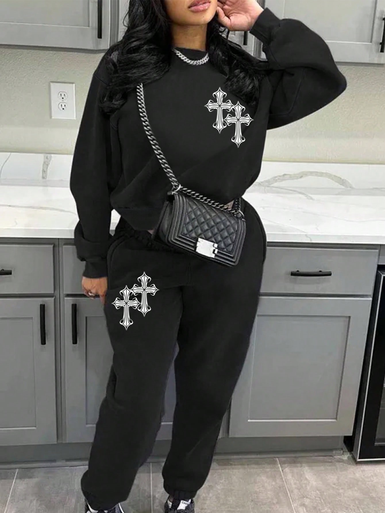 SHEIN Slayr Women'S Cross Printed Long Sleeve Sweatshirt And Sweatpants ...