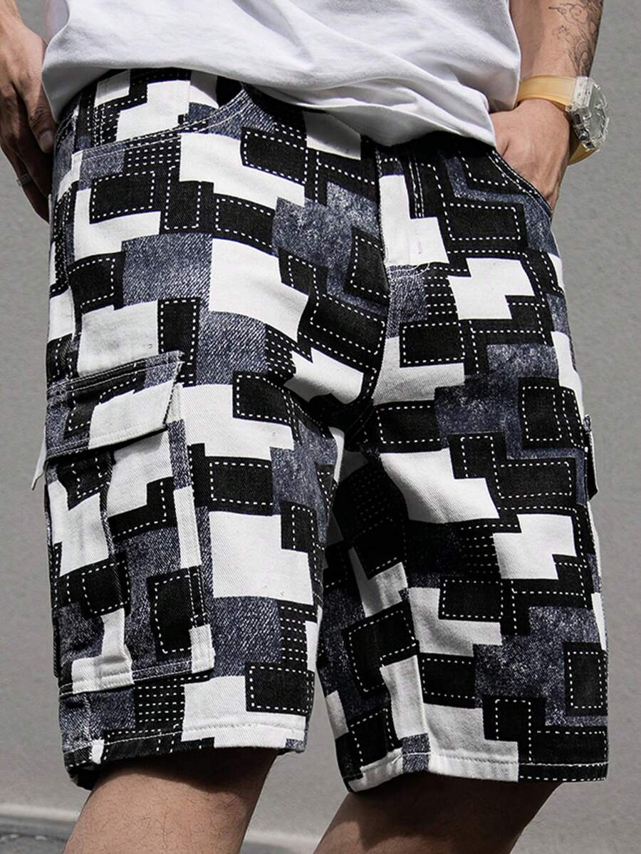 Manfinity LEGND Men's Patchwork Printed Flip Pocket Denim Shorts Jorts ...