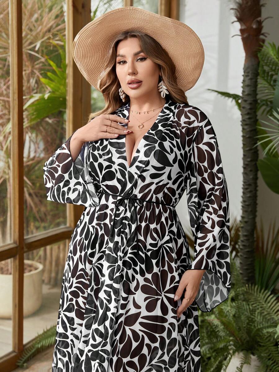 SHEIN Swim Vcay Plus Size Kimono With Full Print, V Neckline, High Side ...