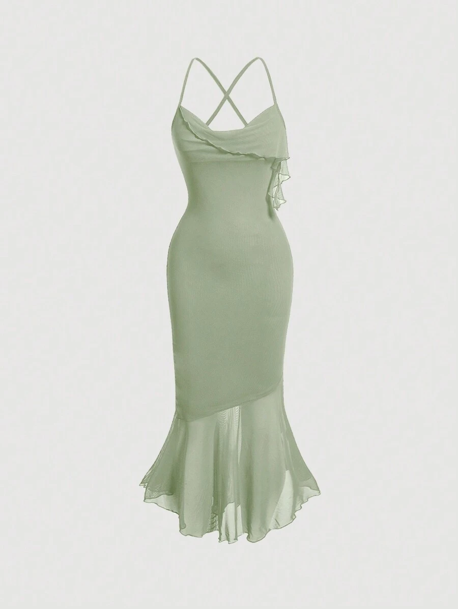 SHEIN MOD Solid Color Splicing Mesh Tail Hem Cami Dress | SHEIN USA