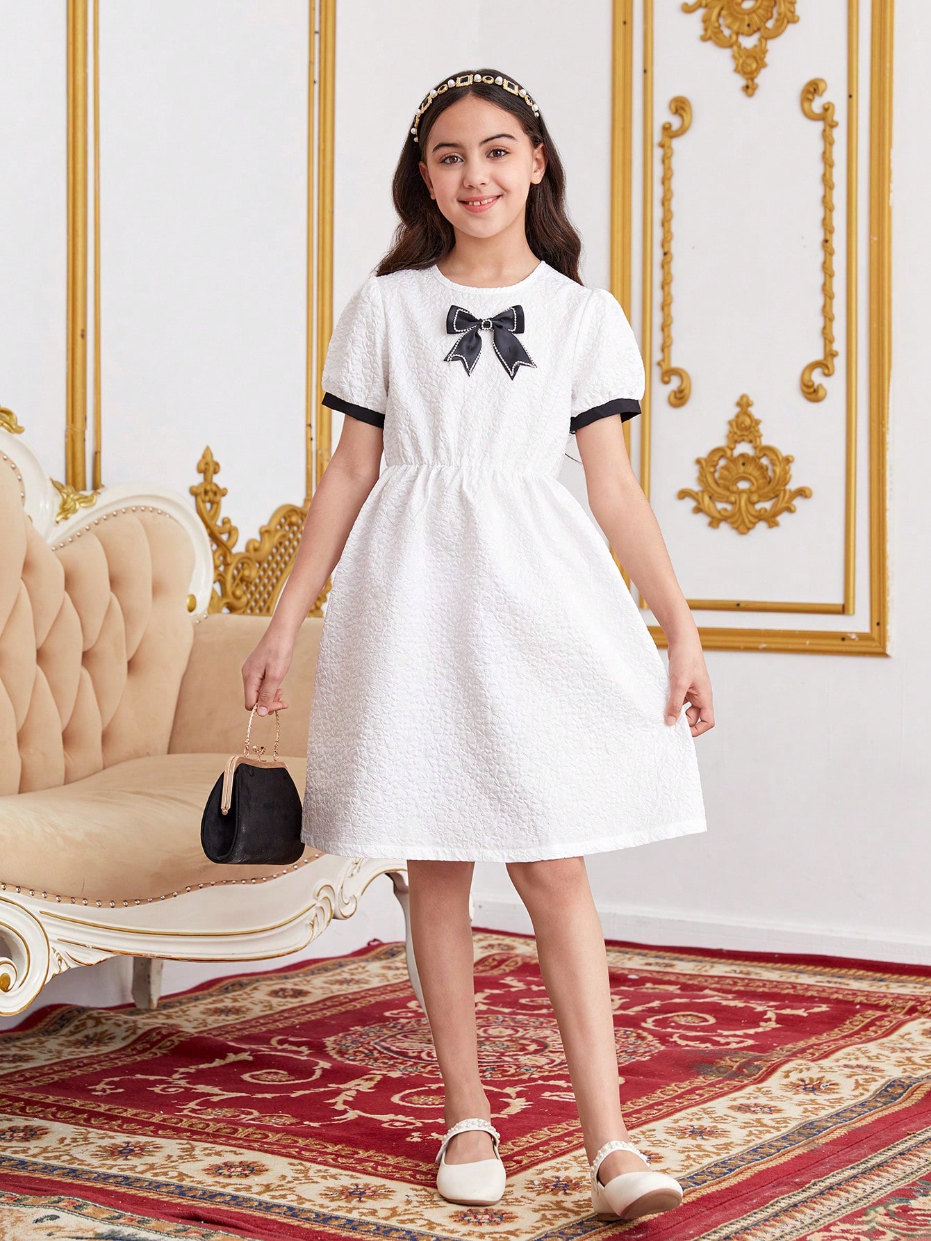 Tween Girls' Color Block Puff Sleeve Jacquard Dress With Bow | SHEIN USA
