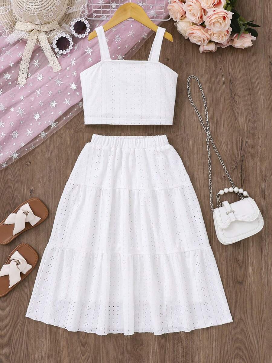 SHEIN Tween Girl White Jacquard Knit Camisole And Mini Skirt Casual 2 ...