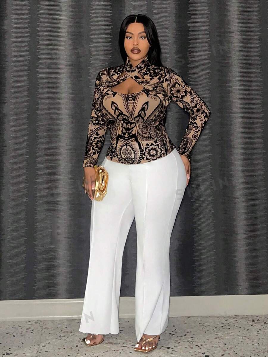 SHEIN Slayr Plus Size Elegant Yet Sexy Fitted Top With Velvet Patterned ...