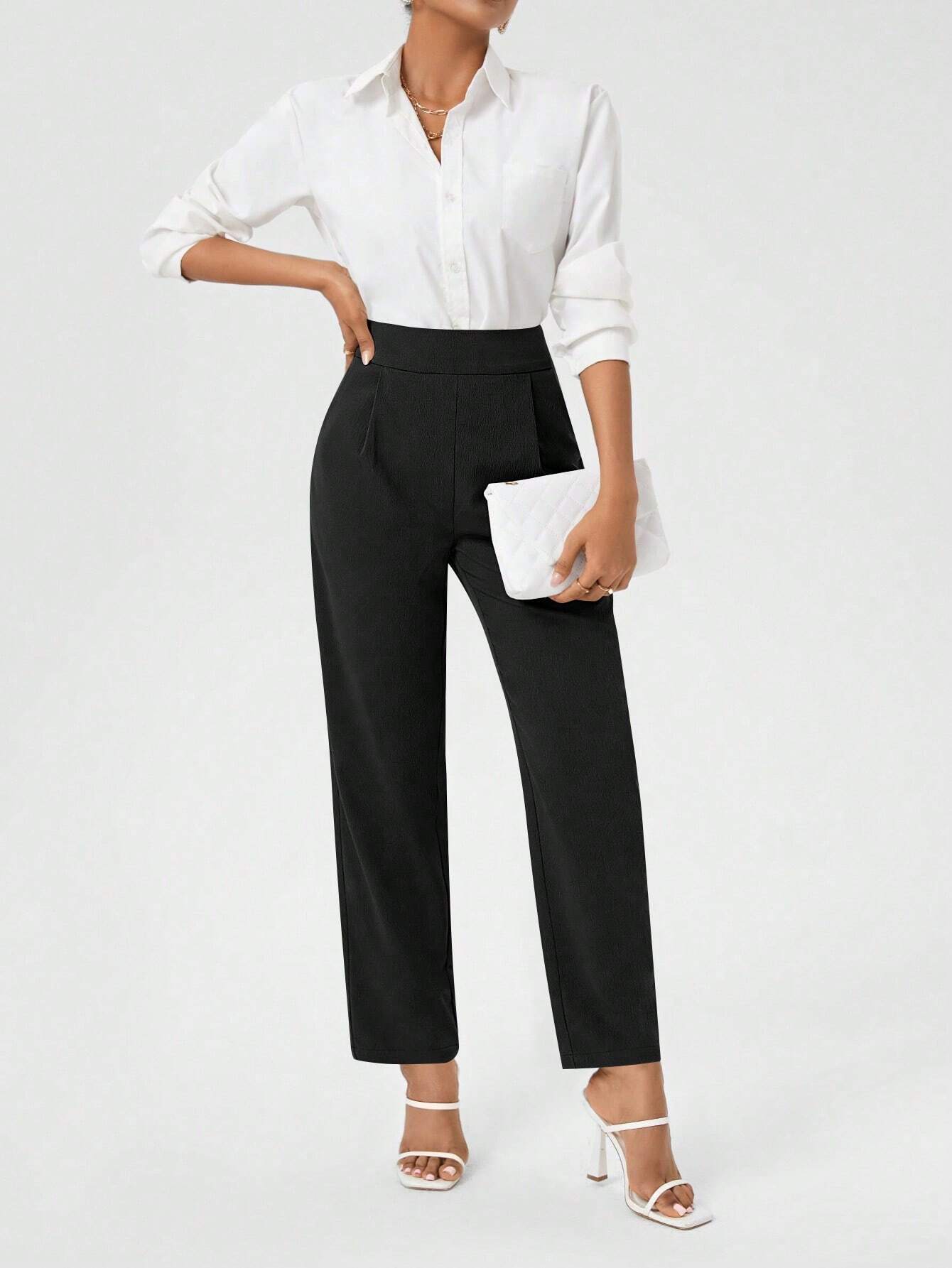 Shein Clasi Womens Solid Color High Waist Pants With Slanted Pockets