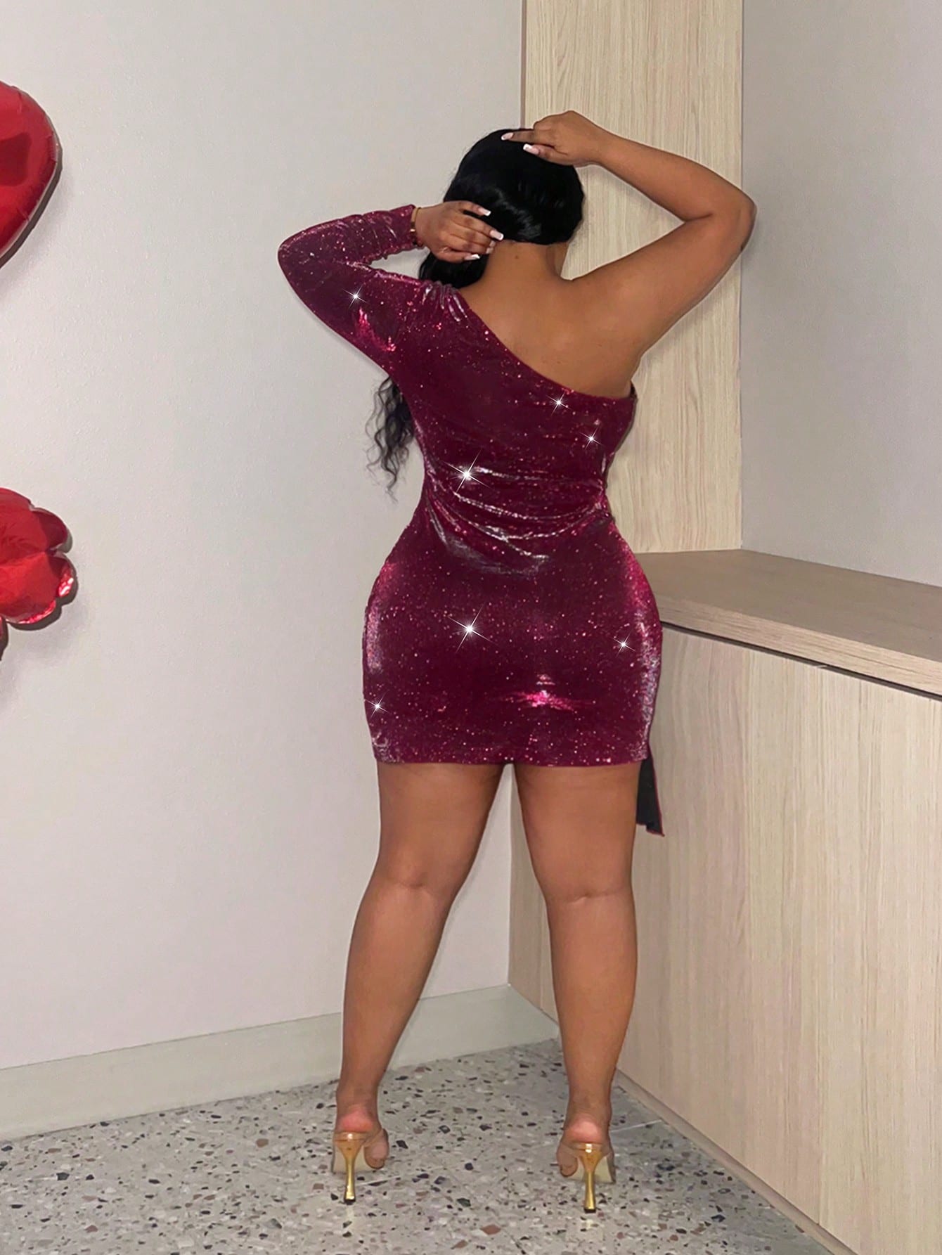SHEIN Slayr Hot Wine Red Shiny Pleated One Shoulder Dress For Valentine ...