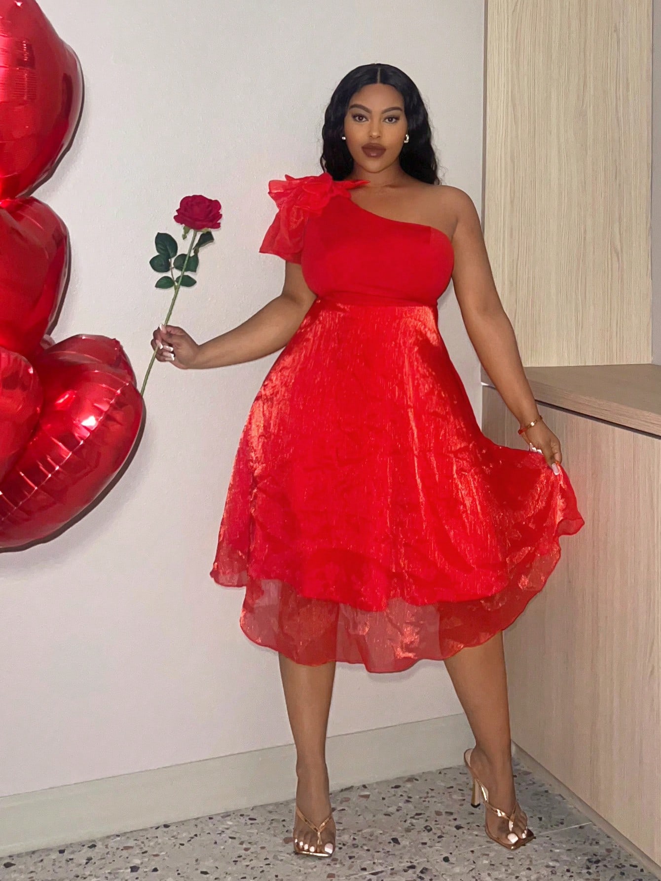 SHEIN Slayr Plus Size Hot Red Shimmery Mesh One Shoulder Dress For ...