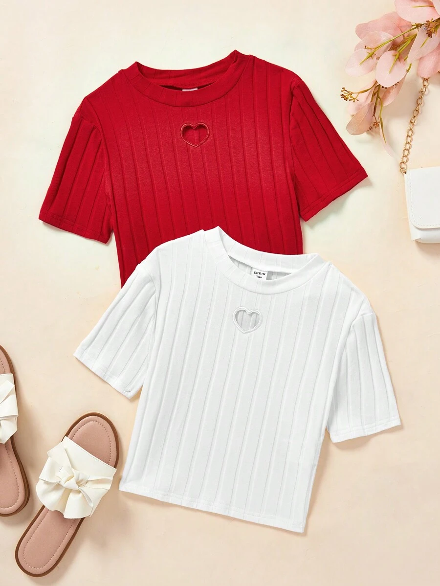 SHEIN Teen Girl 2pcs/Set Knitted Solid Color Short-Sleeved T-Shirt With ...