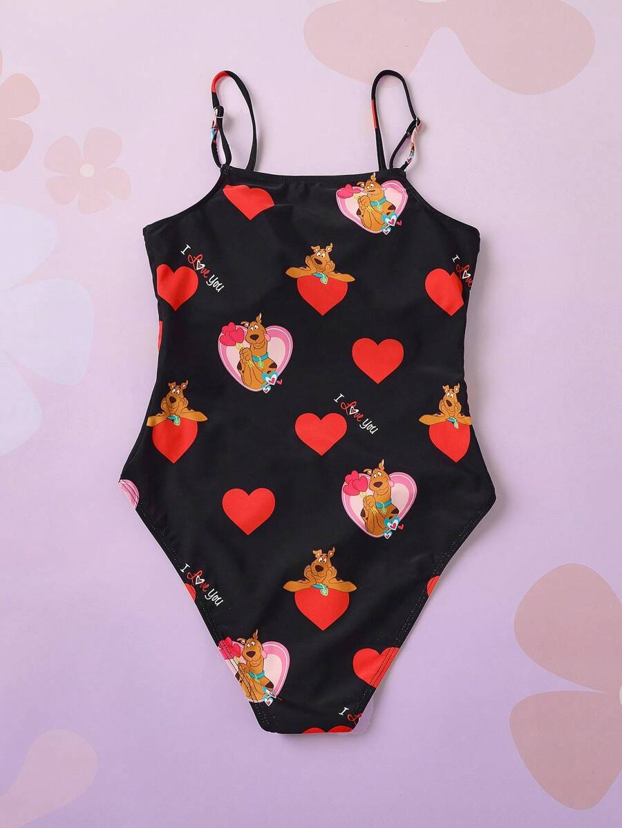 SCOOBY-DOO X SHEIN Cartoon & Heart Print Cut Out Ruched One-Piece ...