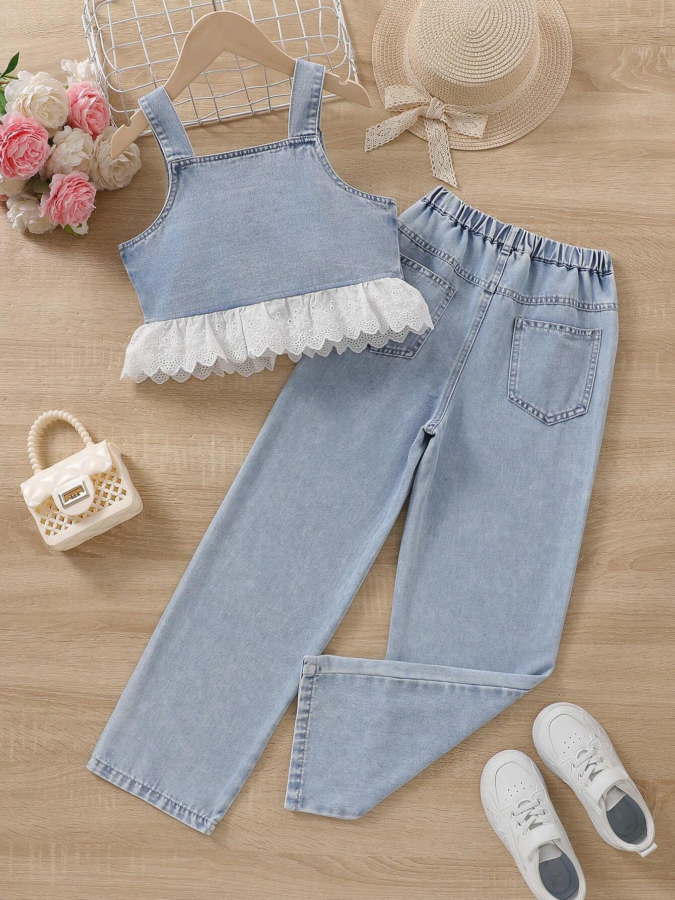 Tween Girls' Casual Vacation Light Blue Washed Denim Lace Trim ...