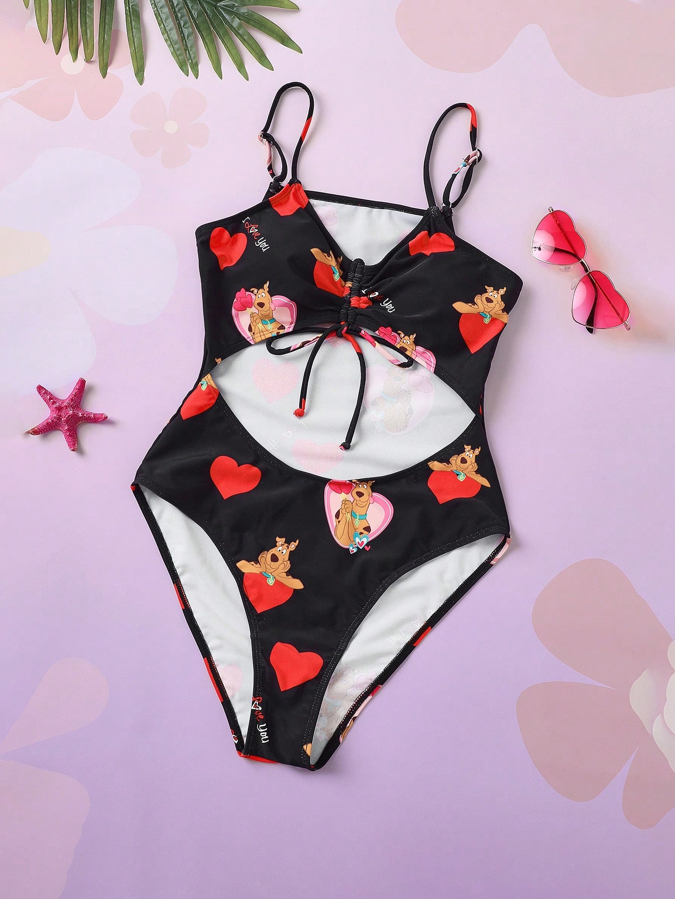 SCOOBY-DOO X SHEIN Cartoon & Heart Print Cut Out Ruched One-Piece ...