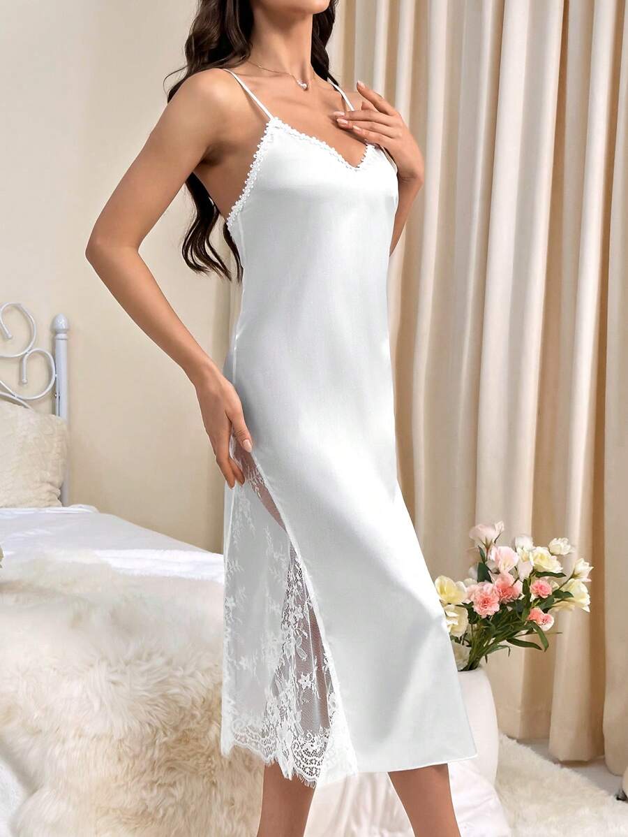 Women's Lace Trimmed Satin Pajama Slip Dress | SHEIN USA