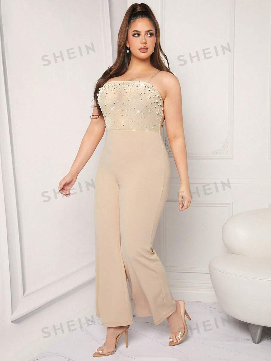 SHEIN SXY Plus Size Beaded Detail Cami Jumpsuit With Pearl Date Night ...