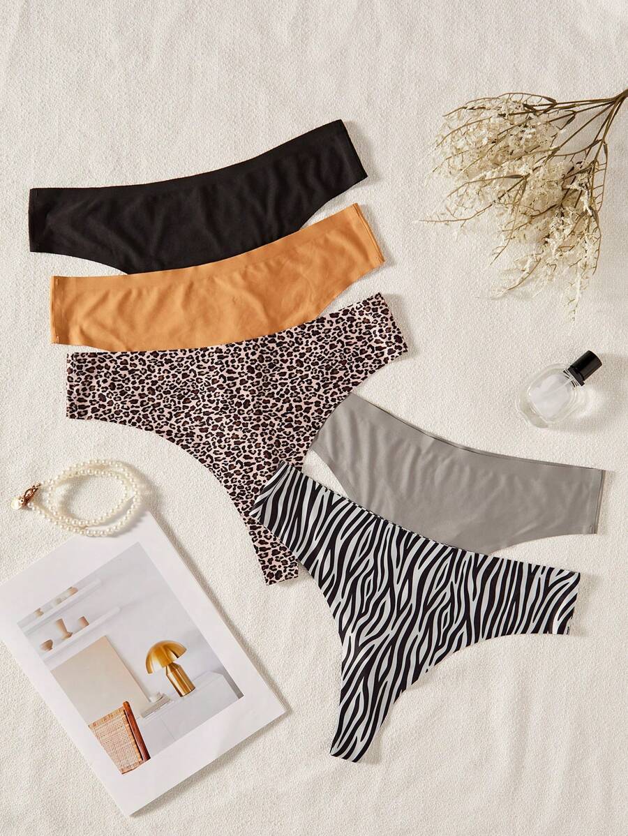 Women's 5-Pack Seamless Thongs With Leopard And Zebra Prints | SHEIN UK