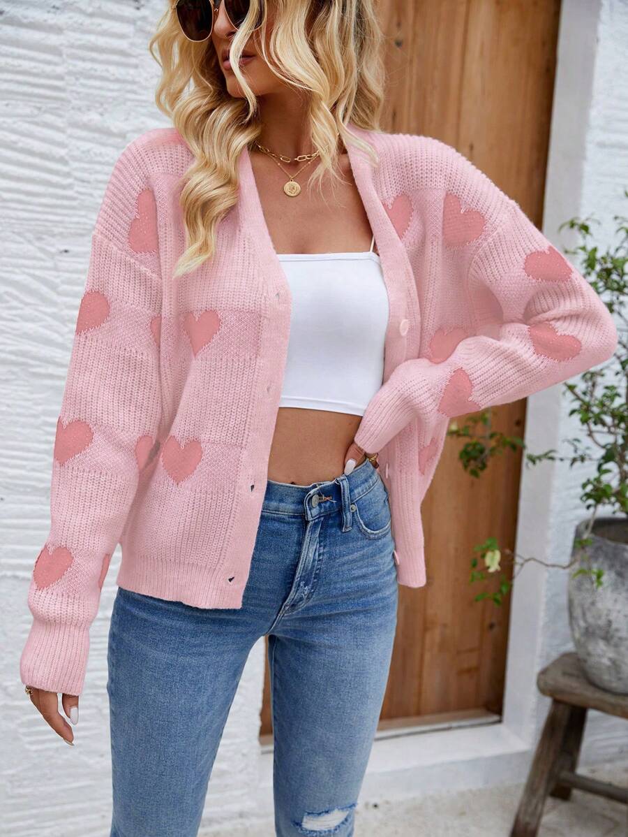 Shein Frenchy Womens Heart Pattern Button Up Cardigan Sweater Shein Euqs