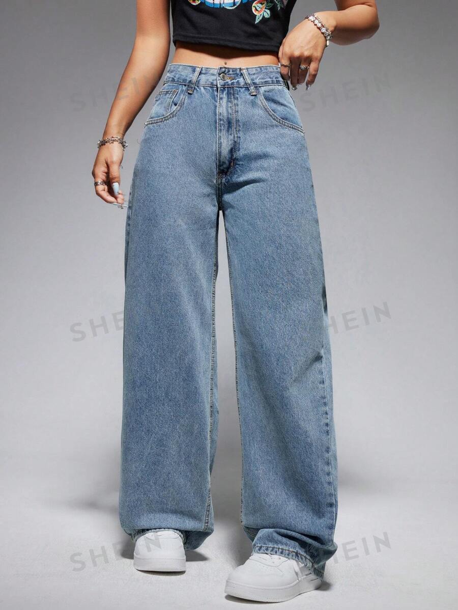 SHEIN EZwear Women's Light Blue Loose Fit Denim Pants | SHEIN USA