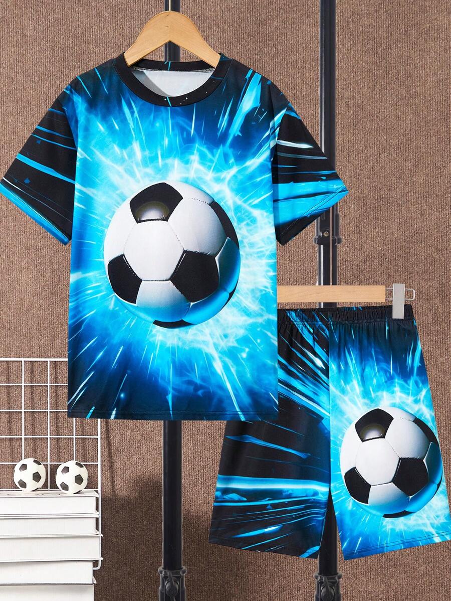 SHEIN 2 Pieces Set: Soccer Print Short Sleeve T-Shirt And Shorts Outfit For Boys, Suitable For ...