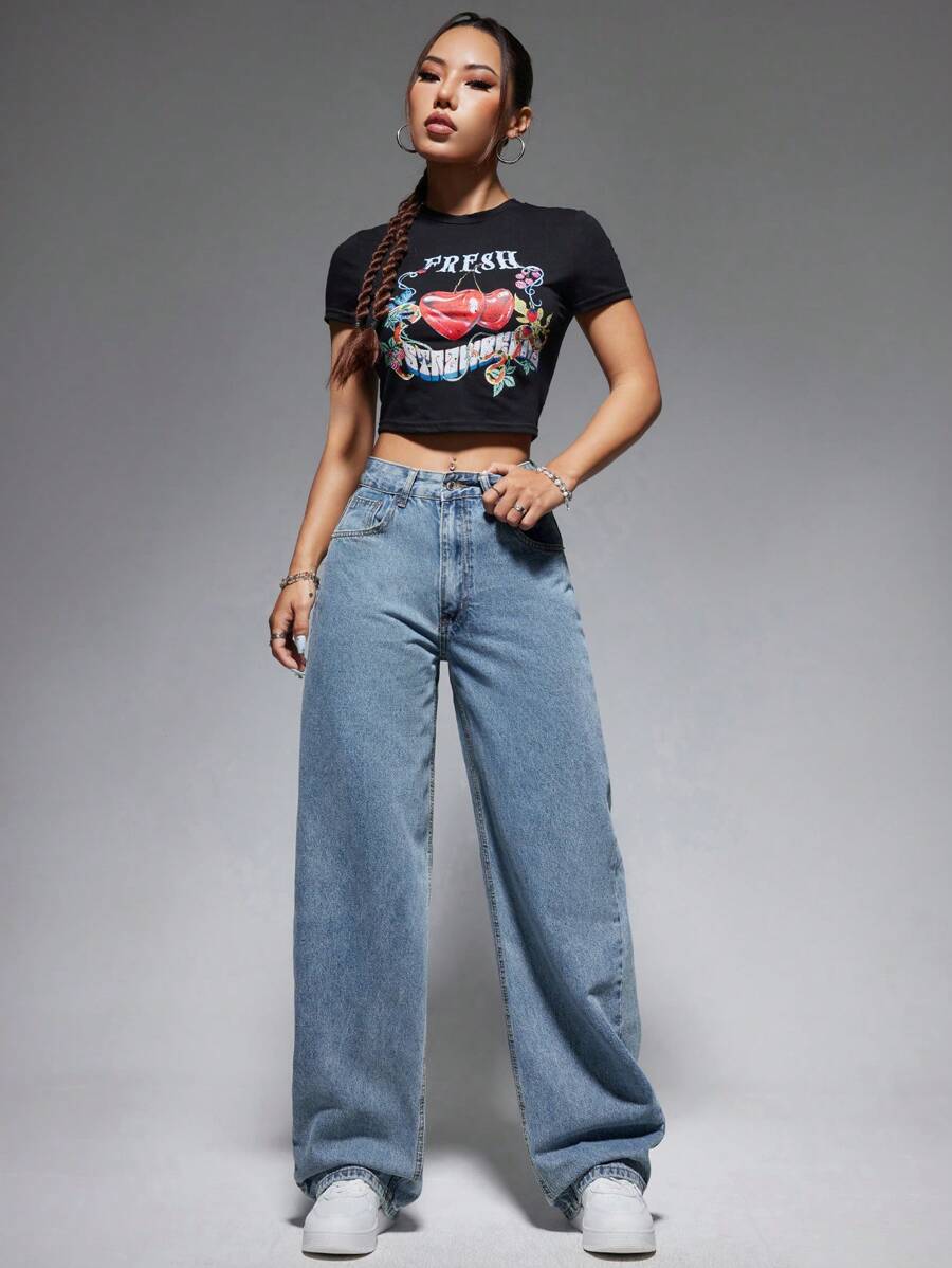 SHEIN EZwear Women's Light Blue Loose Fit Denim Pants | SHEIN USA