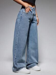 SHEIN EZwear Women's Light Blue Loose Fit Denim Pants | SHEIN USA