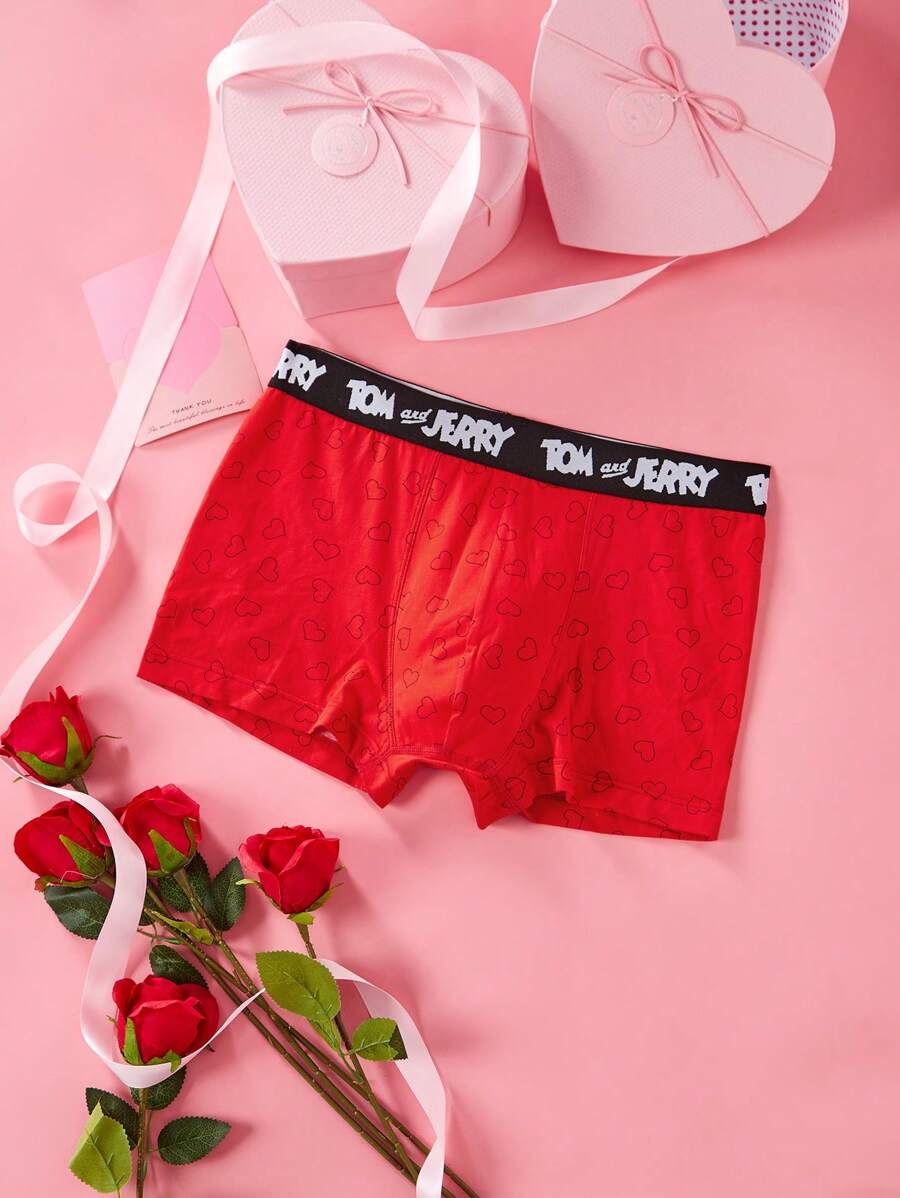 TOM & JERRY X SHEIN Men Comfortable Red Boxer Briefs With Heart Print ...