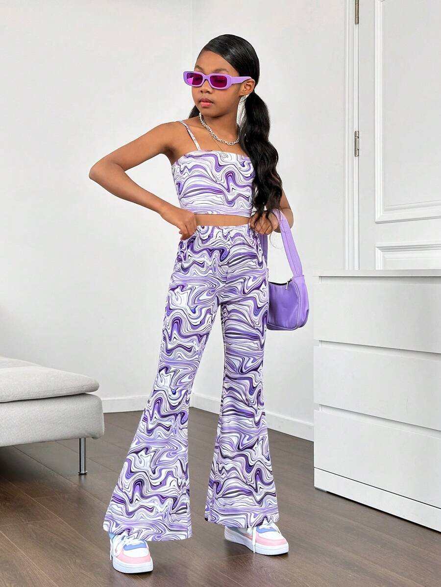 SHEIN Tween Girls' Full Printed Crop Top & Flared Pants Set For ...