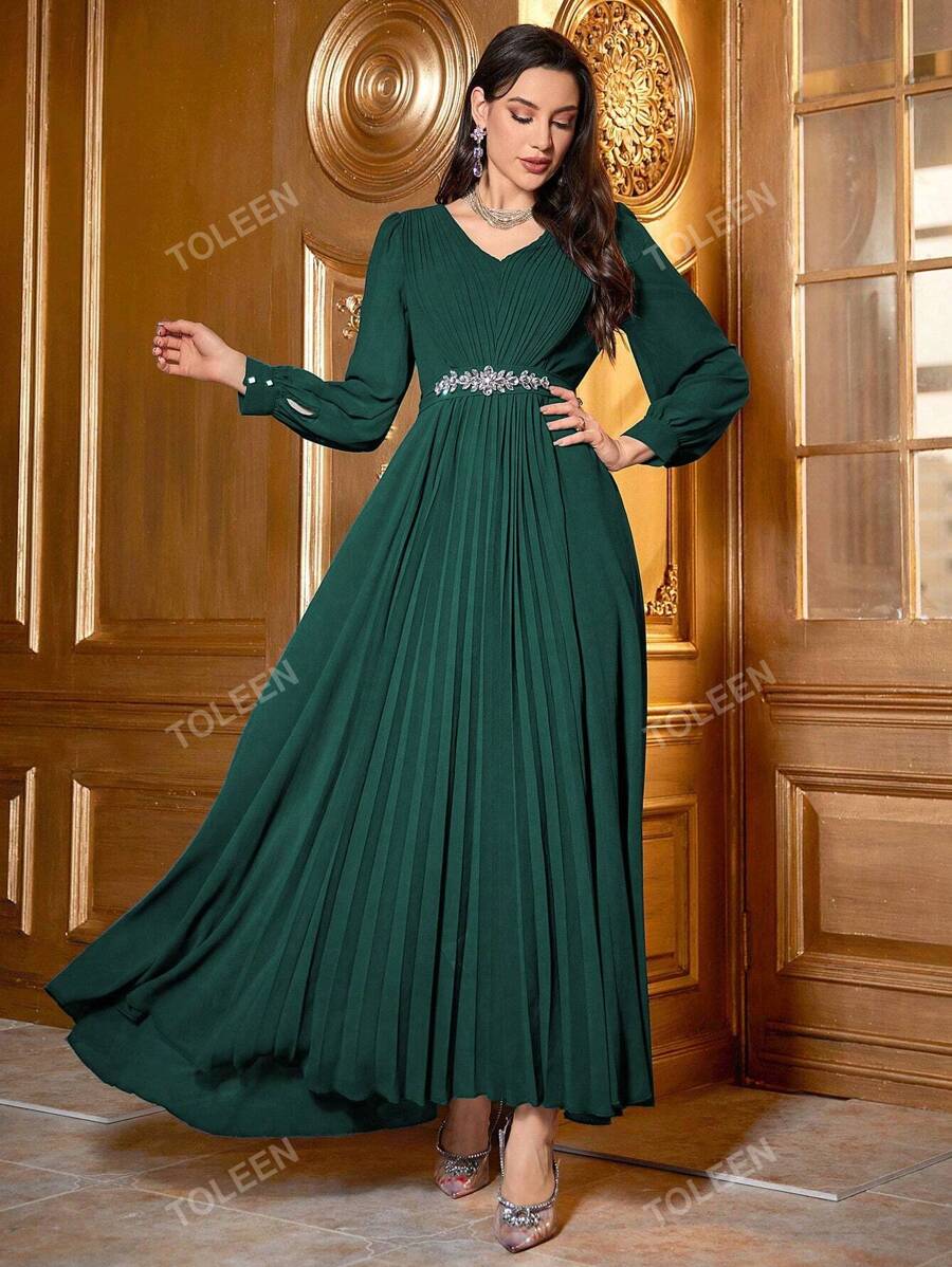 Vestido com gola V, manga longa e bainha franzida para mulheres ...