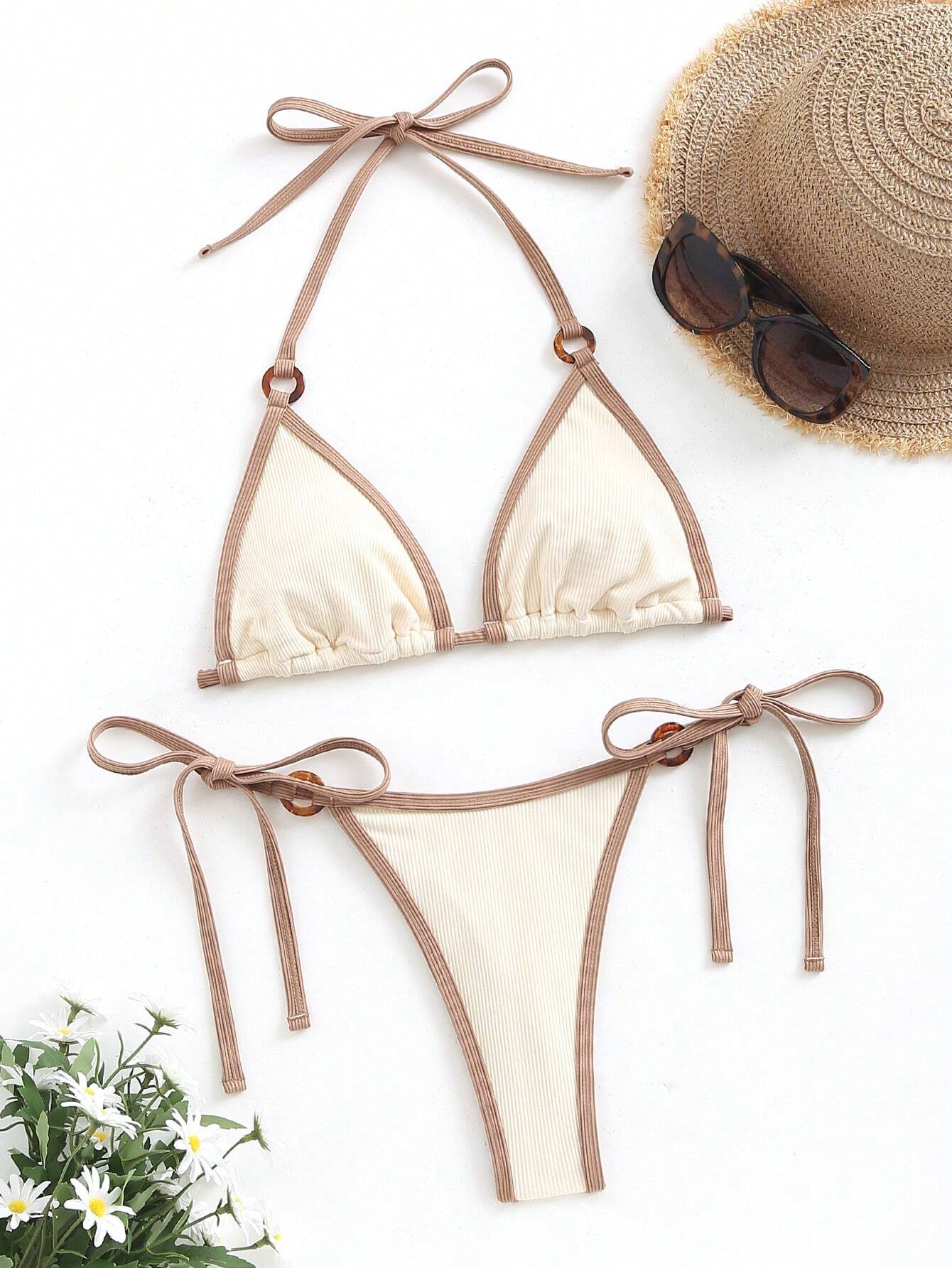 Ladies Contrast Trim Halter Neck Swimsuit Set String Bikini Two Piece