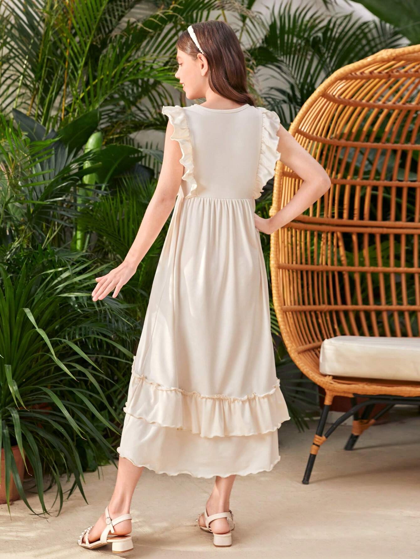 SHEIN Tween Girl Short Flare Sleeve High Low Hem Round Neck Dress ...