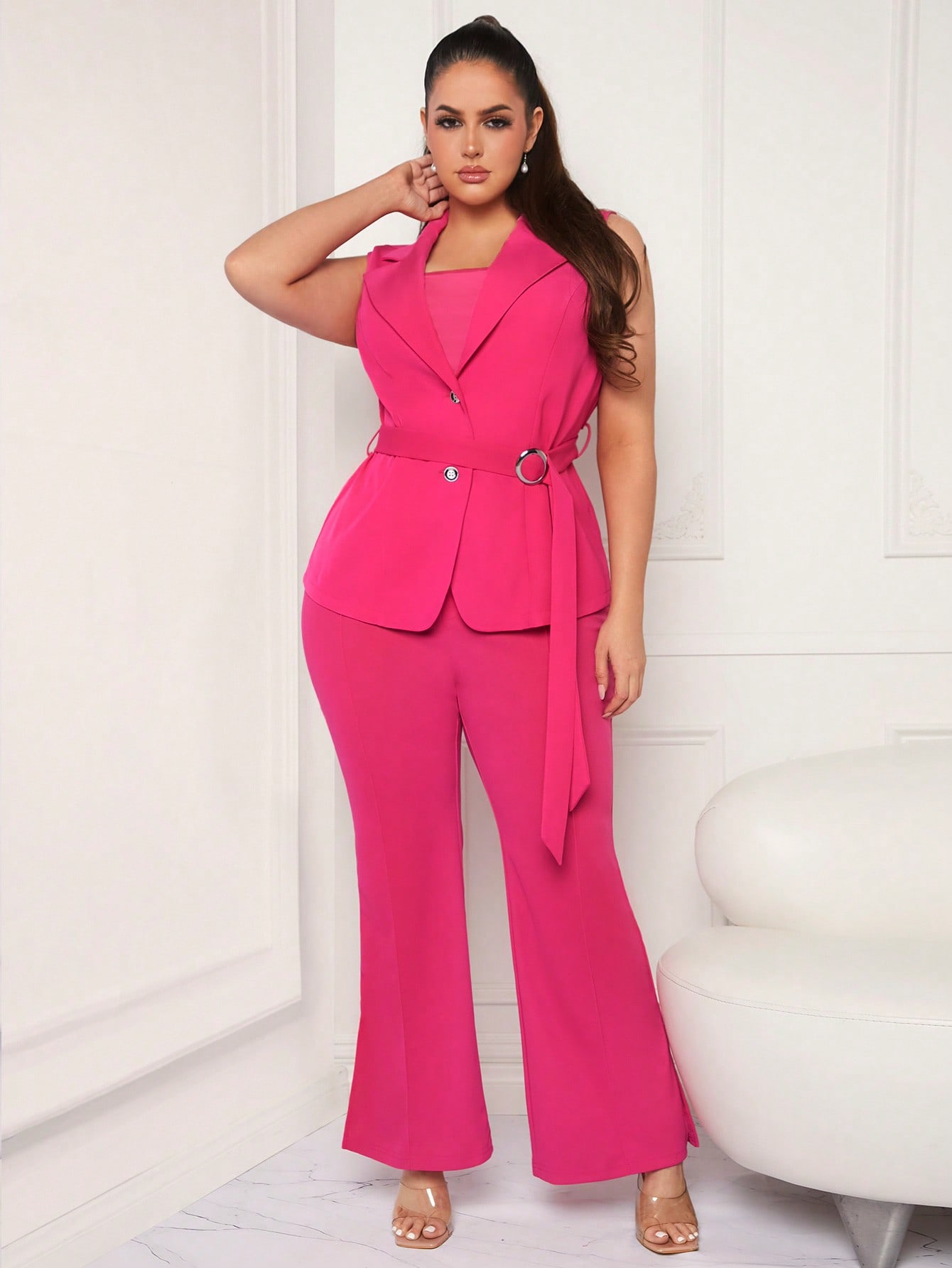 SHEIN SXY Plus Size Solid Color Suit Vest Lapel Collar Waist Belted ...
